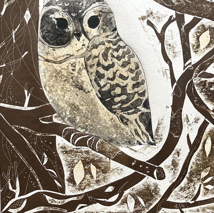 Little Tawny Owlet - Collagraph - Folksy