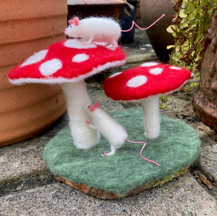 Needle felted toadstools with mice - Folksy