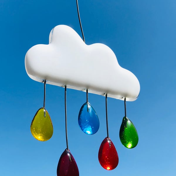 Fused glass cloud with rainbow raindrops - Folksy
