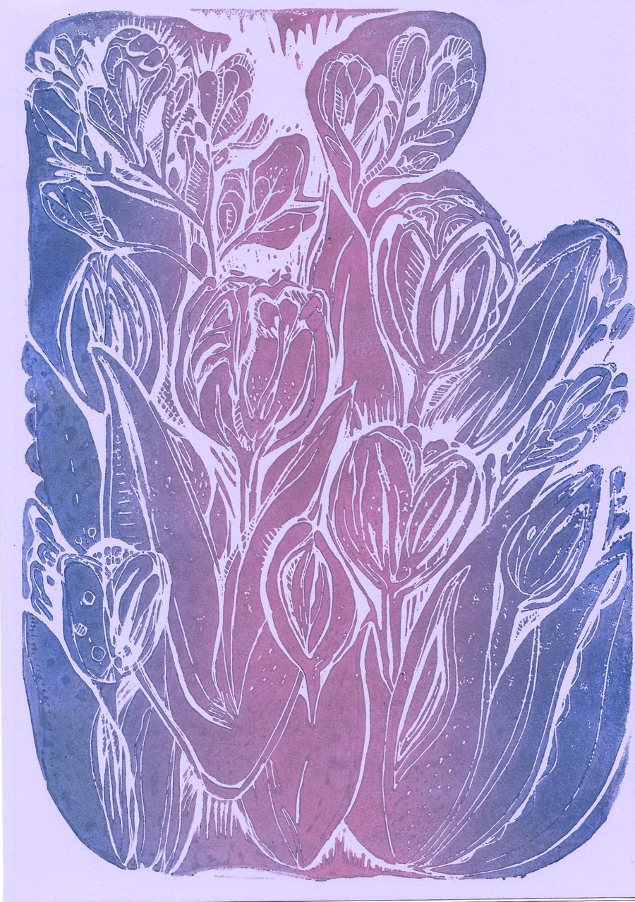 Tulip Linocut Print A4 . Pink & Purple Orig... - Folksy