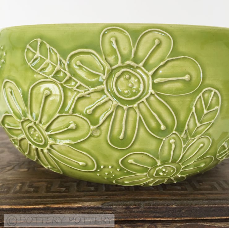 Green ceramic pot pottery bowl beautiful raised... - Folksy