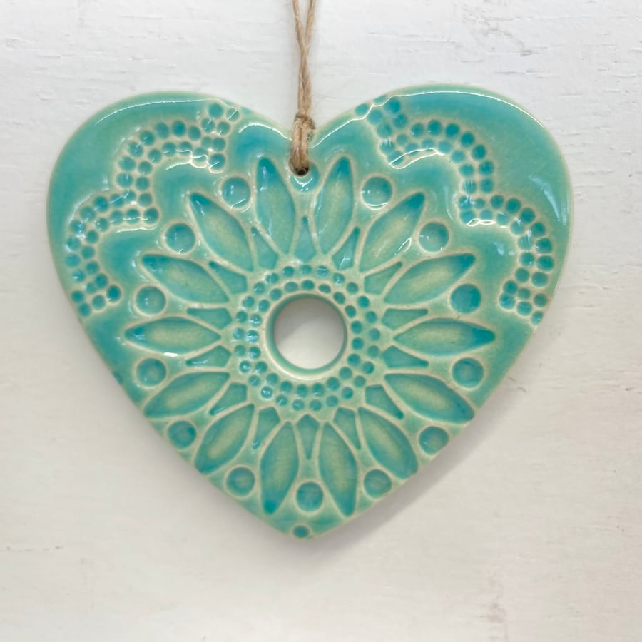 Pottery heart hanging decoration Turquoise - Folksy