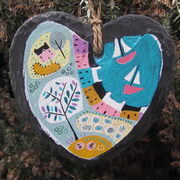 Slate Hanging Heart..Original painting of a lan... - Folksy