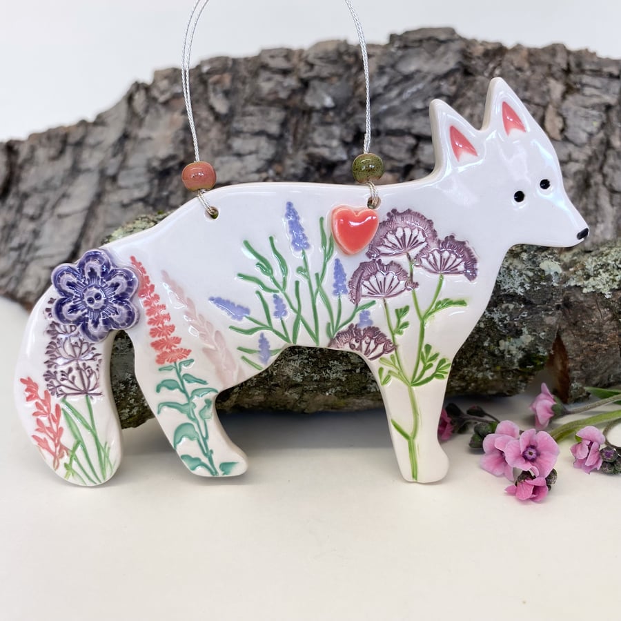 Ceramic fox decoration pink flowers - Folksy
