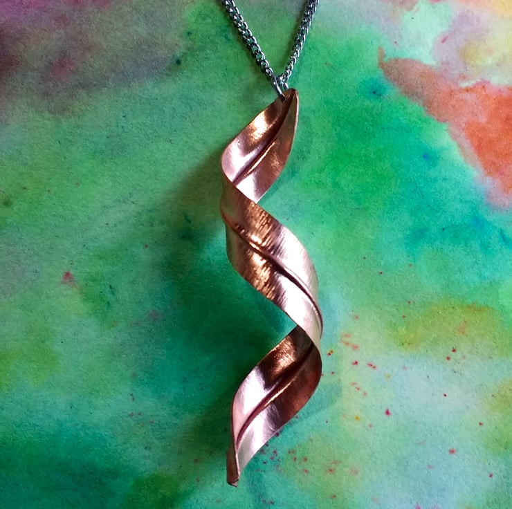 Spiral Twisted Leaf Long Copper Pendant on a Cu... - Folksy