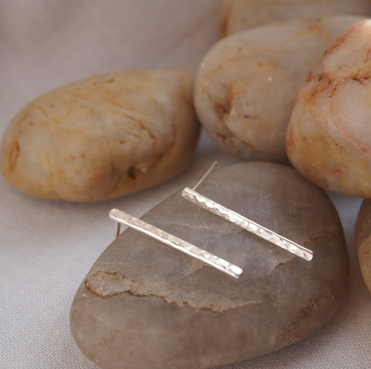 Sterling Silver Earrings - Hammered Rod Stud Ea... - Folksy