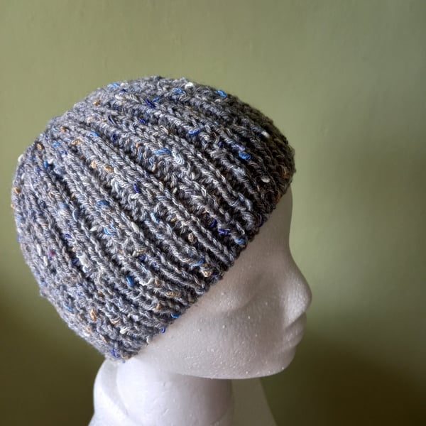 Grey Marl Beanie Hat Hand Knitted in Acrylic Yarn - Folksy