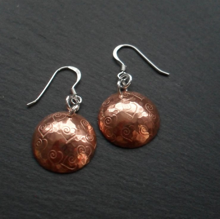 Copper Disc With Heart Detail Earrings With Ste... - Folksy