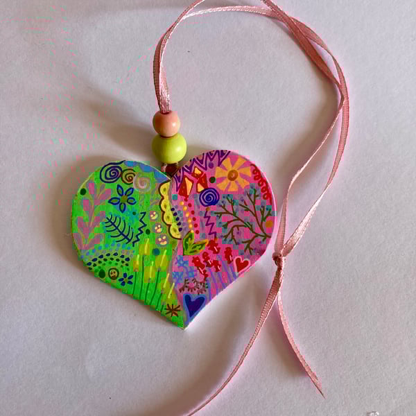 Unique hand painted wooden heart - Folksy