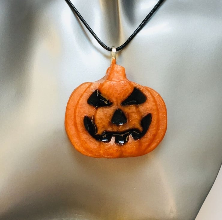 Pumpkin pendant on black cord chain. - Folksy