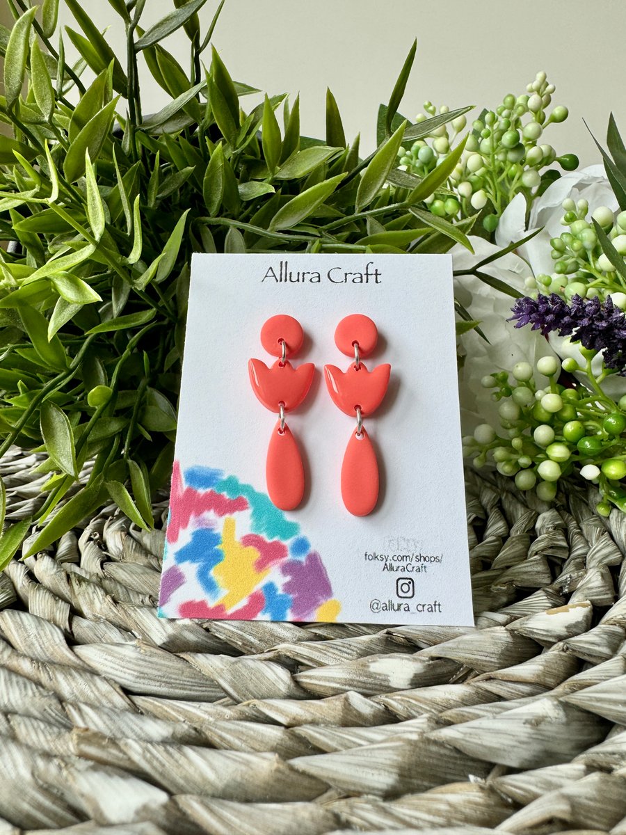 Coral Tulip Tear Drop Earrings - Folksy