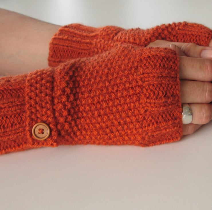 Fingerless Gloves in Burnt Orange Aran Wool - Folksy