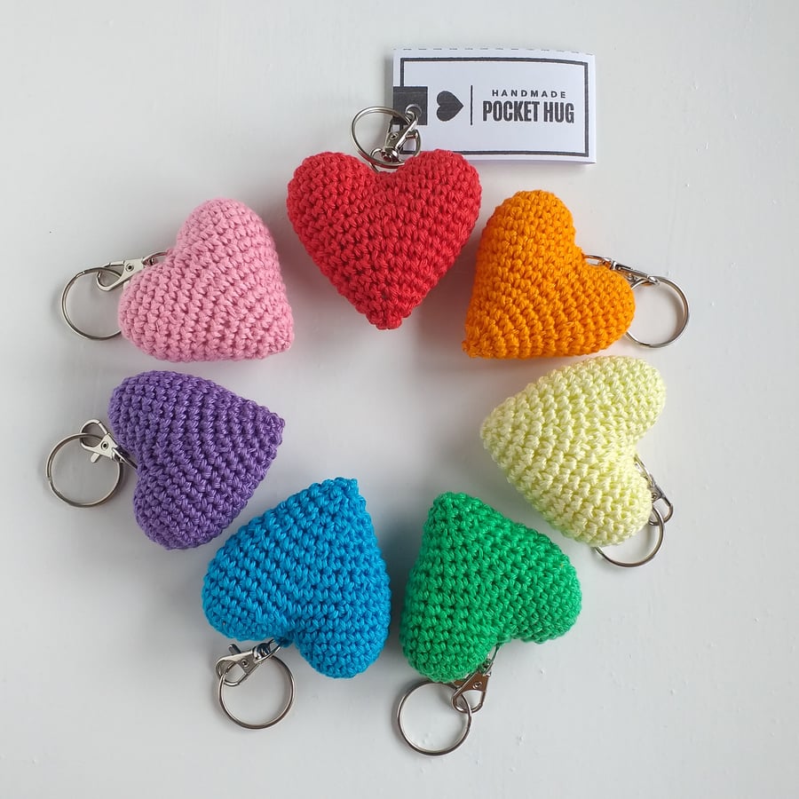 Crochet Heart Keyring, Pocket Hug Keychain, Rai... - Folksy
