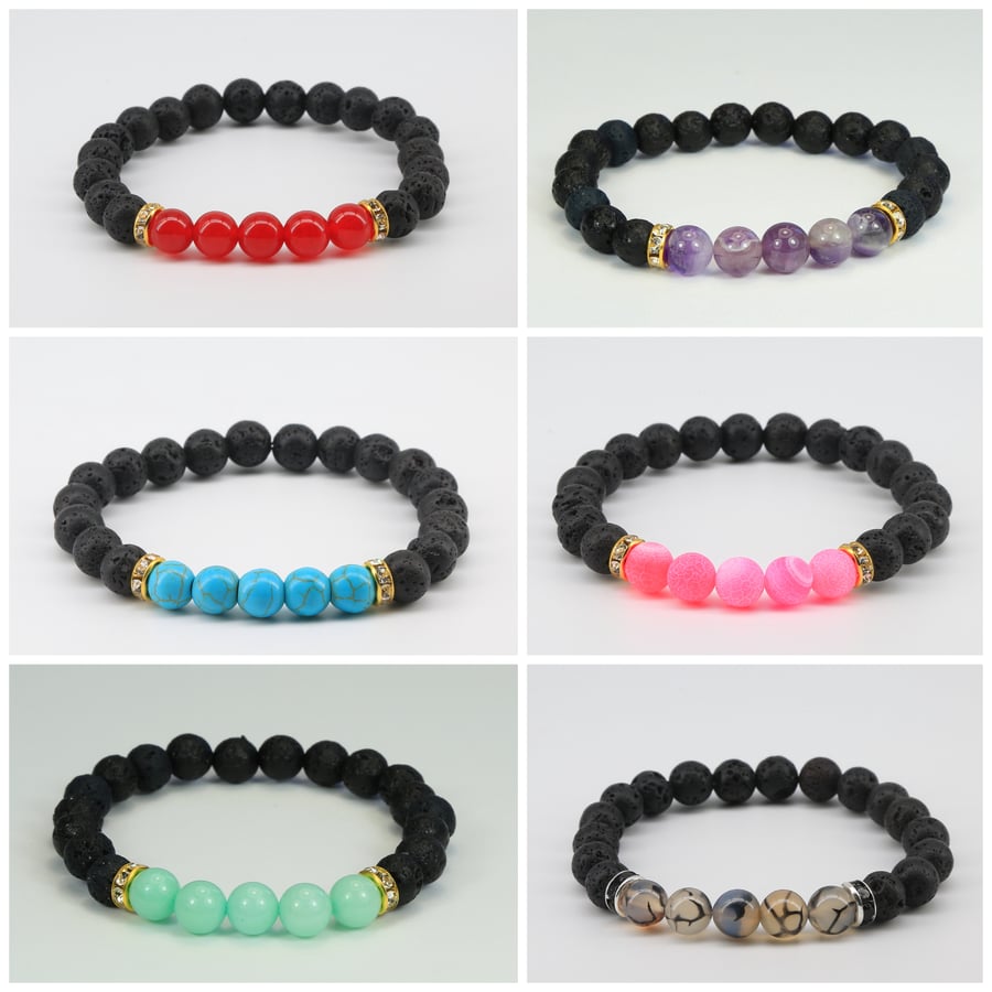 Black lava bead & stone elasticated bracele... - Folksy