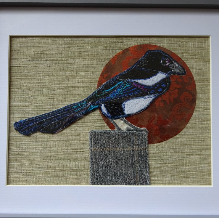 Embroidered collage magpie framed picture - Folksy