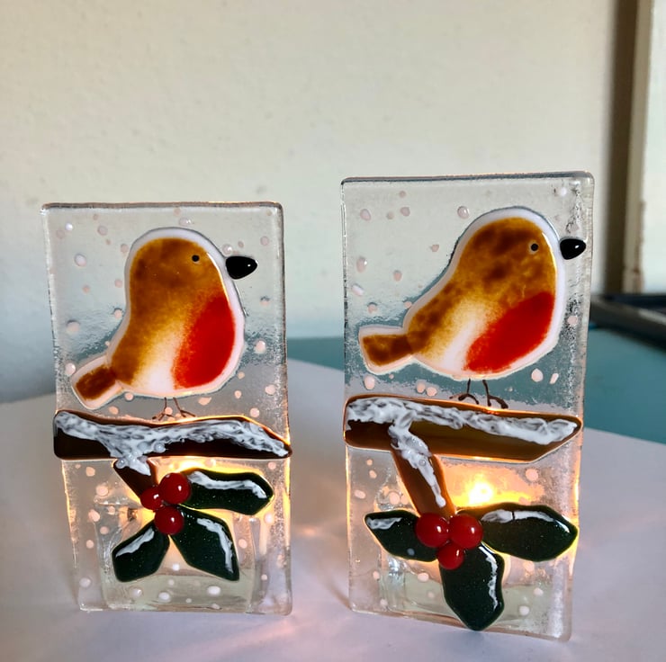 Unique Fused glass tea light candle holder robi... - Folksy