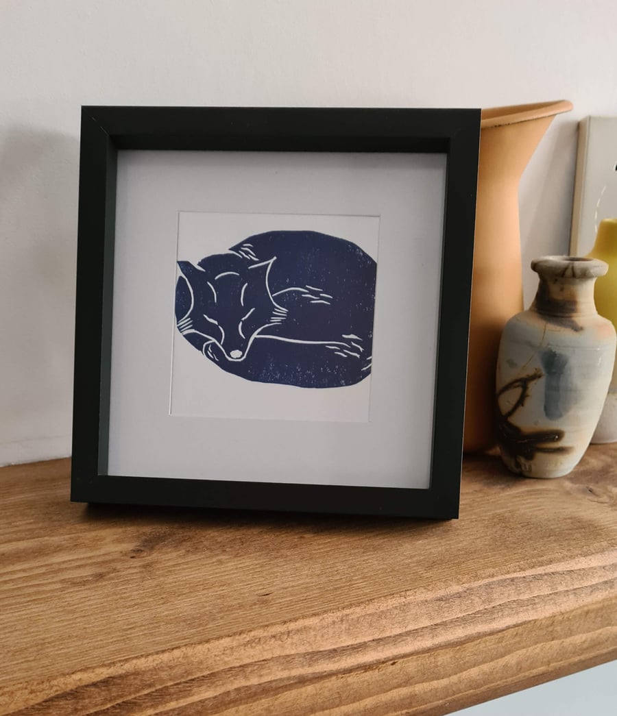 Blue fox print framed linocut gift idea - Folksy