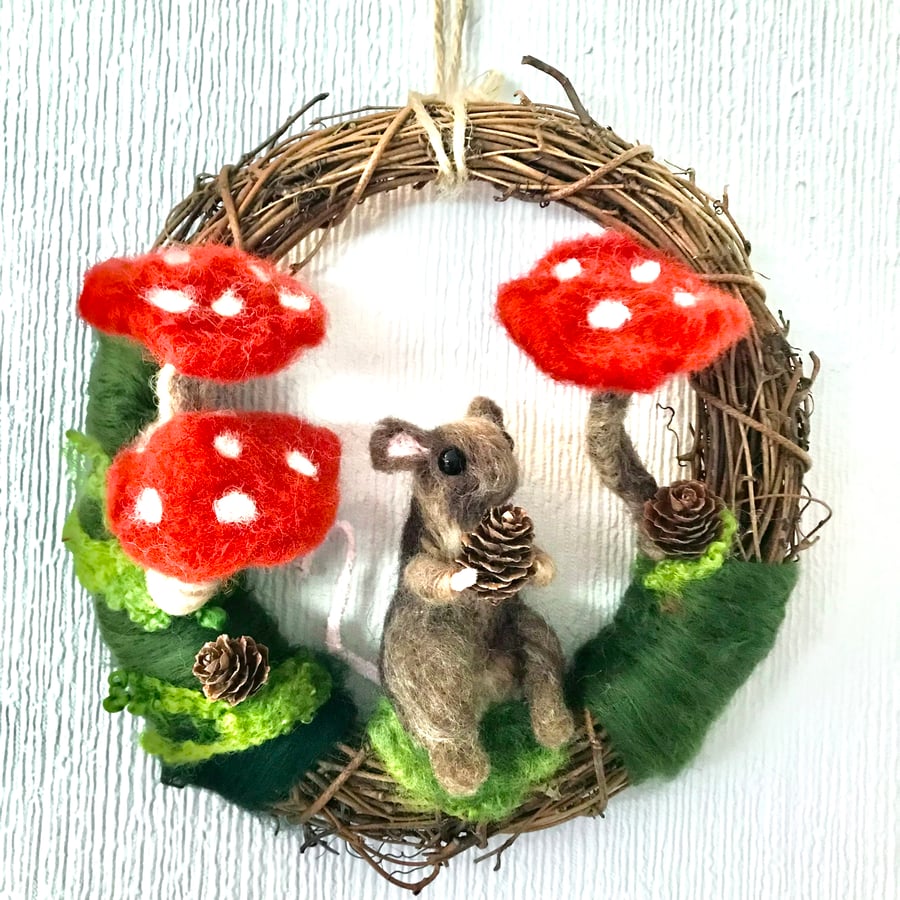 Mouse-toadstools-needle felted-wreath-rustic-wa... - Folksy
