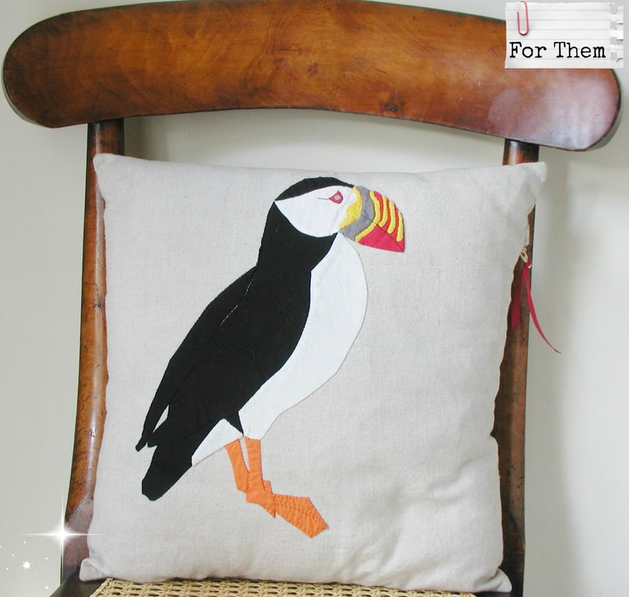 Puffin Applique Cushion - Folksy