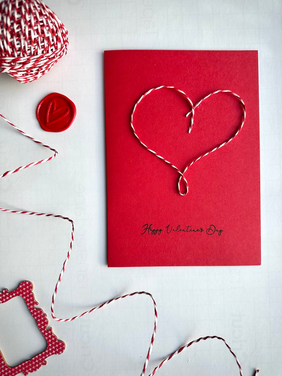 Red heart string Valentines Day card , simple l... - Folksy