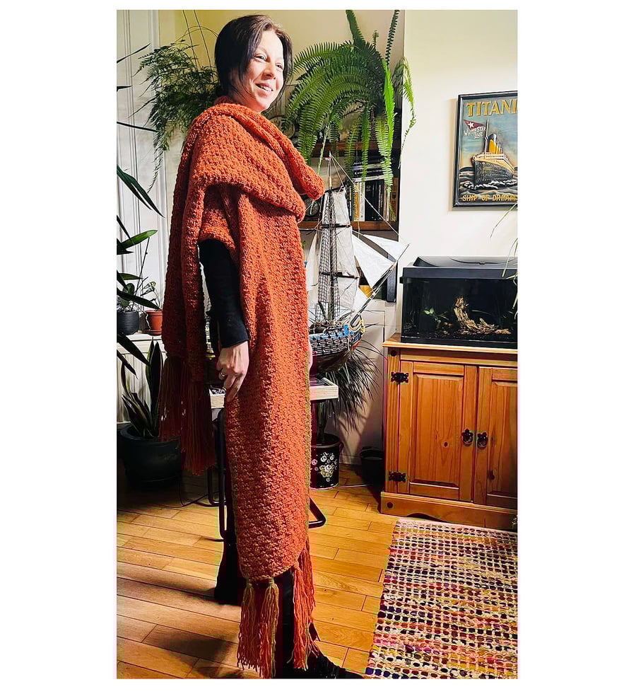 Knitted burnt orange huge rectangular shawl - Folksy