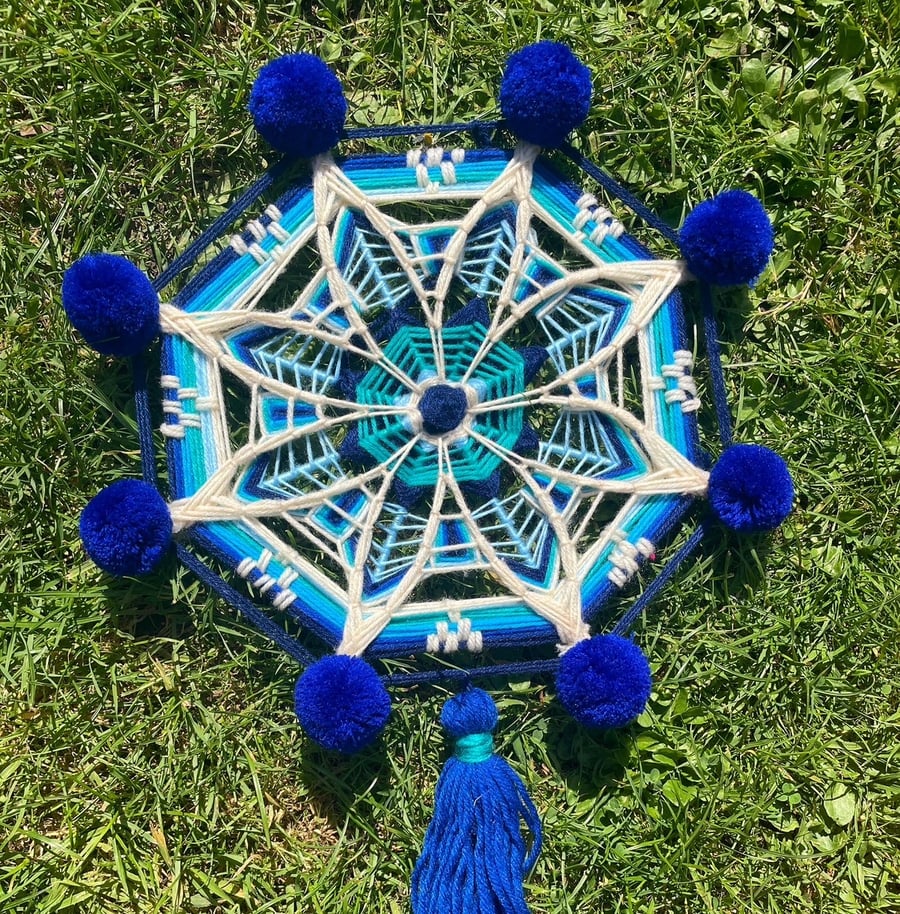 Large blue and cream Ojo de Dios mandala dreamc... - Folksy
