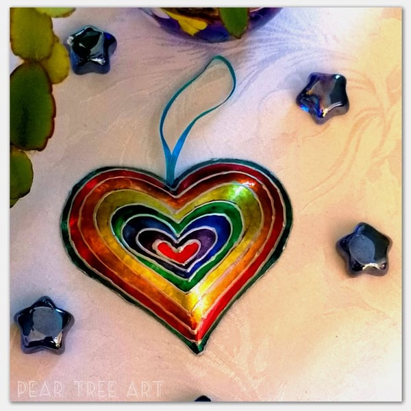 Rainbow Embossed Metal Heart decoration. Handma... - Folksy