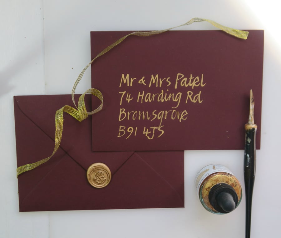Ruby envelope with gold writing, personalised c... - Folksy