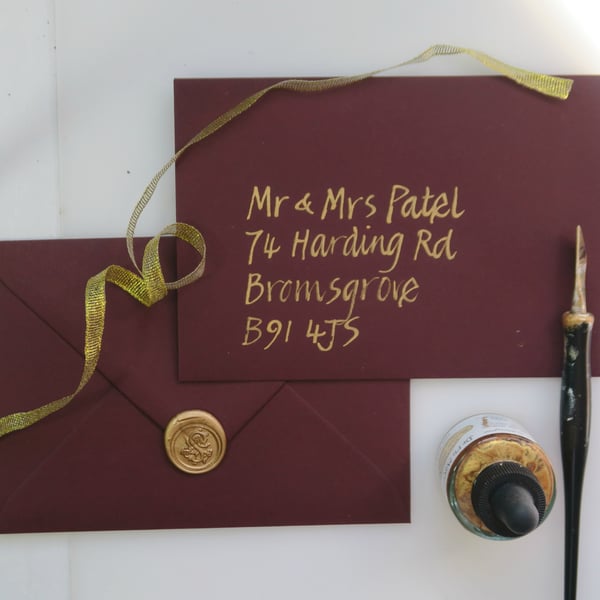 Ruby envelope with gold writing, personalised c... - Folksy