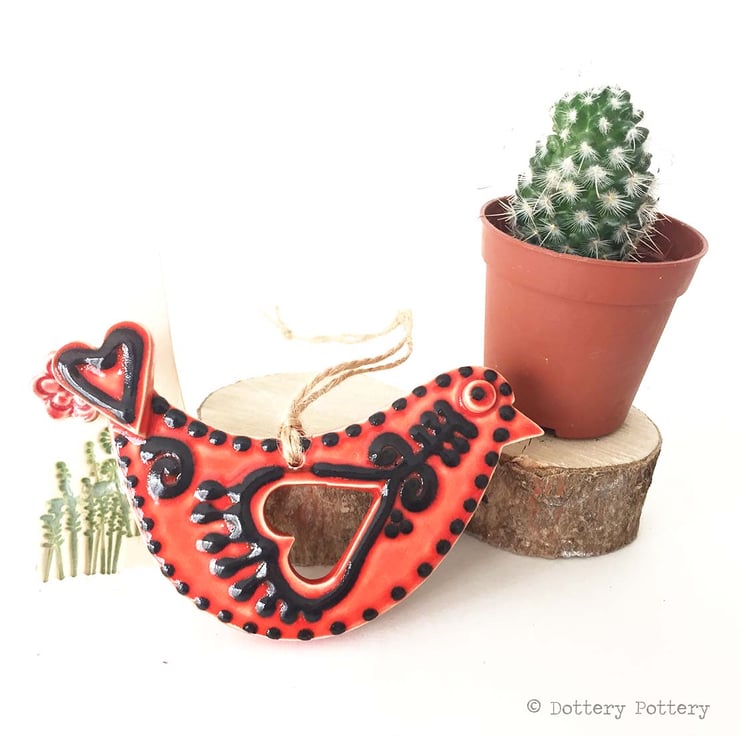 Ceramic folk art bird decoration Pottery bird - Folksy