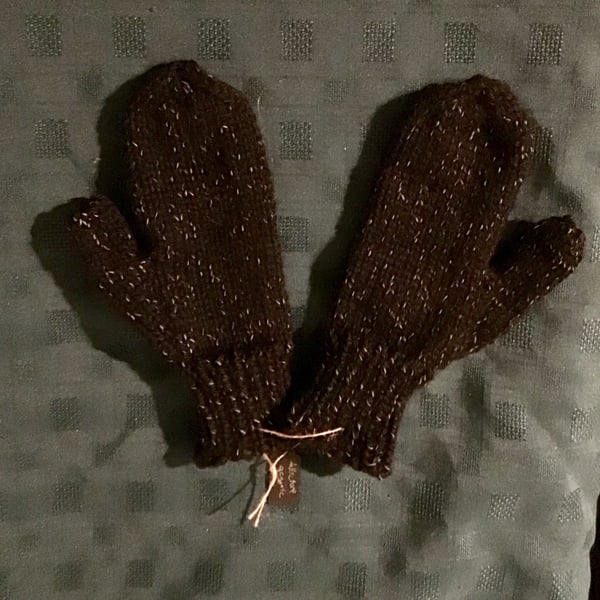 Black mittens hand knit reflective yarn - Folksy