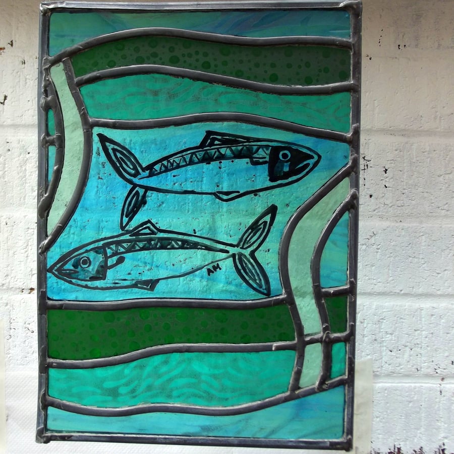 Fish in the Sea, Stained Glass Panel in Sea Gre... - Folksy