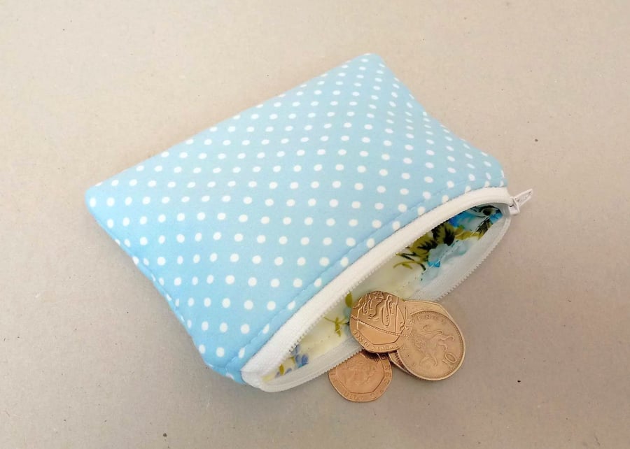 Blue coin purse with white spots - Folksy