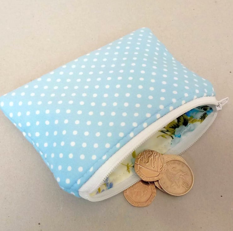 Blue coin purse with white spots - Folksy