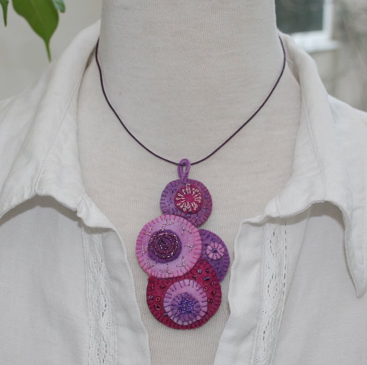 Embroidered Felt Pendant - pink , lilac and pur... - Folksy