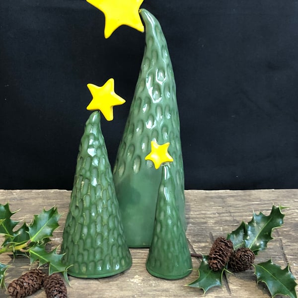 Carved trio of green trees with stars - Folksy