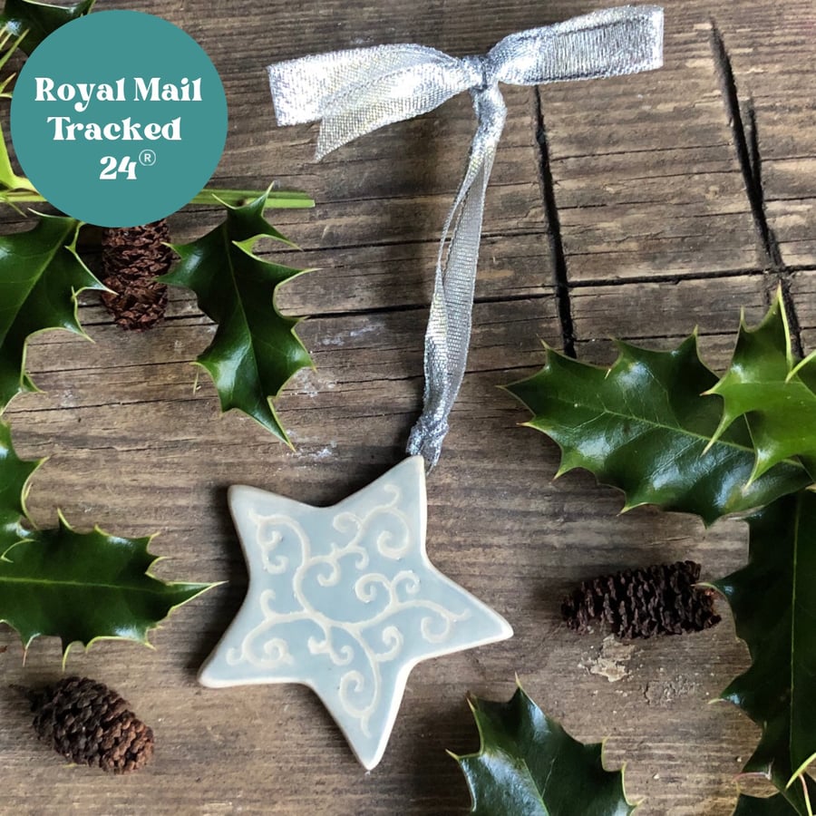 Silver-grey swirl star hanging decorations - me... - Folksy