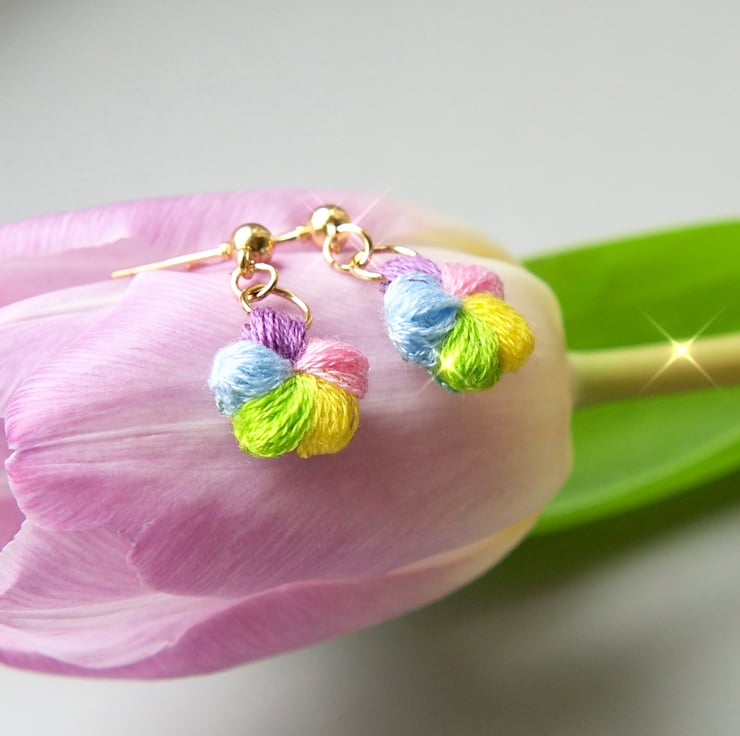 Microcrochet Rainbow Puff Flower Stud Drop Earr... - Folksy
