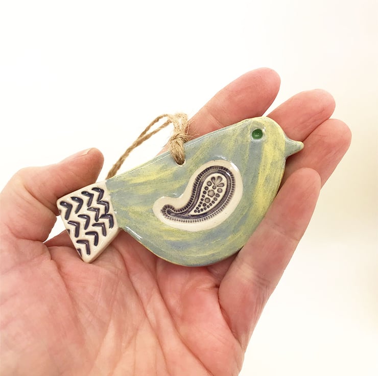 Ceramic bird decoration with patterned wing and... - Folksy