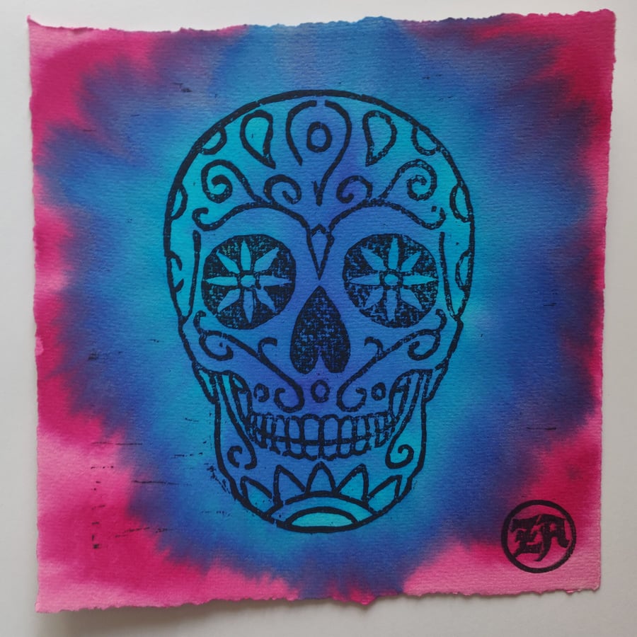 Day of the Dead sugar skull woodcut print - Folksy