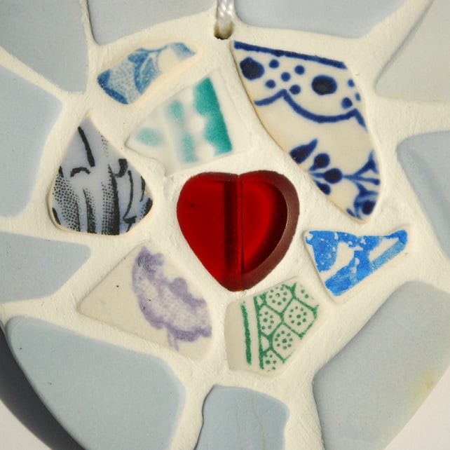 Beach pottery mosaic wall hanger with red heart - Folksy