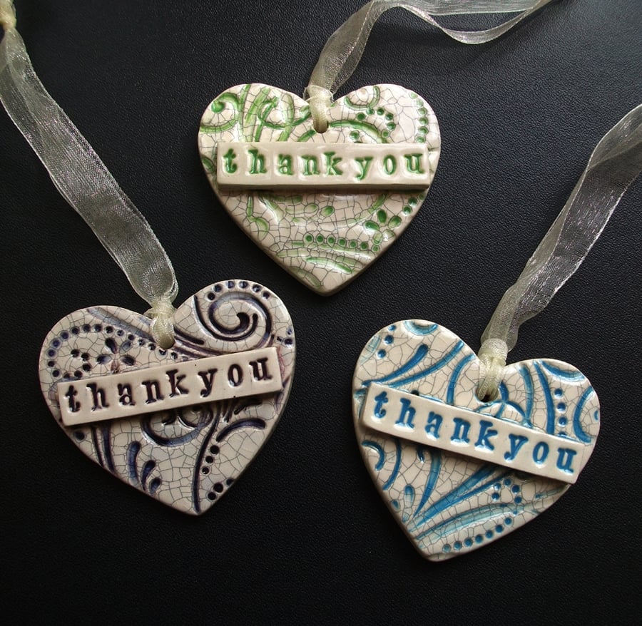 3 ceramic Thankyou tags - hanging decorations - Folksy