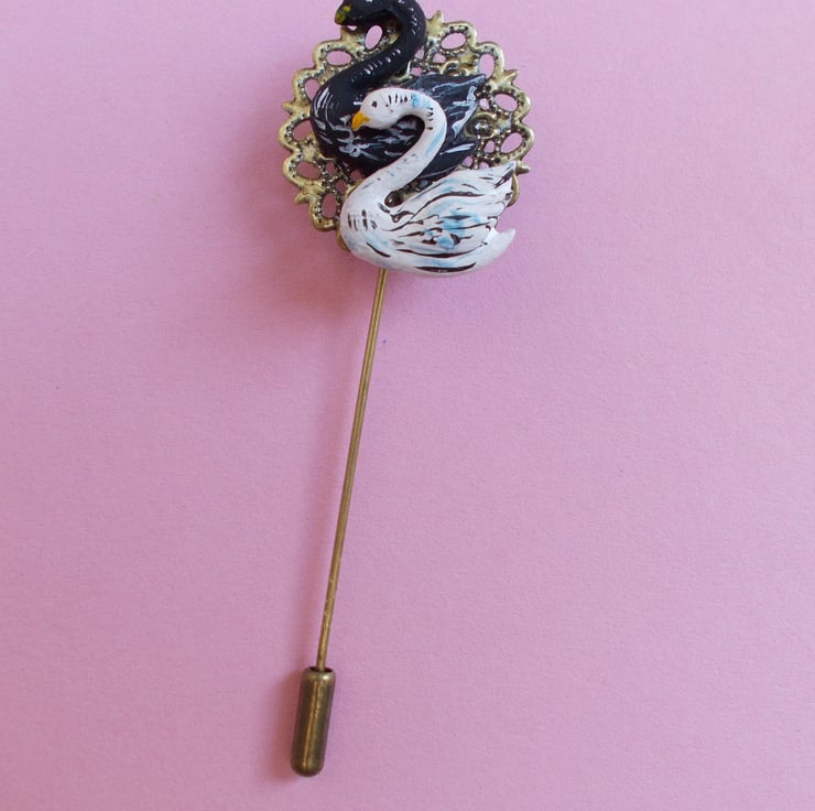 BLACK & WHITE SWAN PIN on Bronze Tone Filig... - Folksy