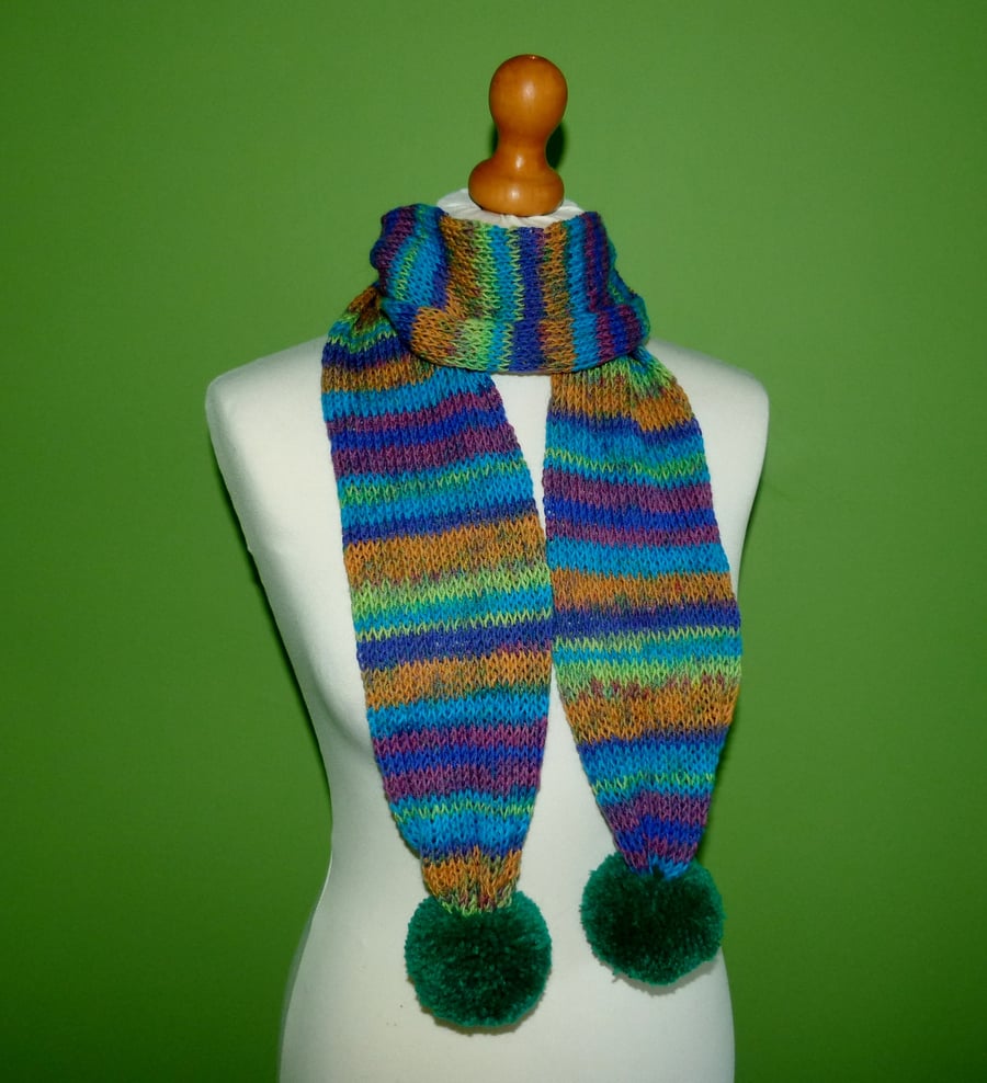 Tube Knit Striped Scarf With Pompom Ends - Folksy