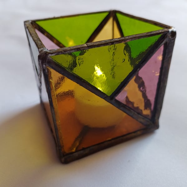 Stained glass tea light holder. - Folksy