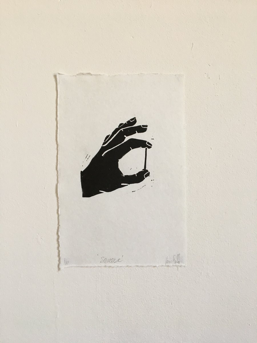 Squeeze, linocut print of hand in silhouette on... - Folksy