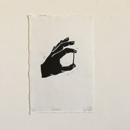 Squeeze, linocut print of hand in silhouette on... - Folksy