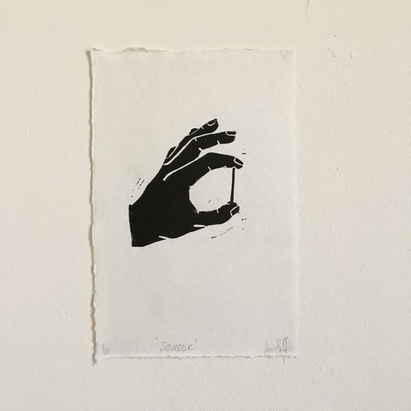 Squeeze, linocut print of hand in silhouette on... - Folksy