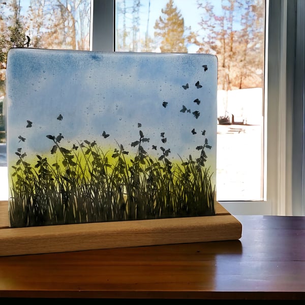 Fused glass meadow scene - three tea-light holder - Folksy
