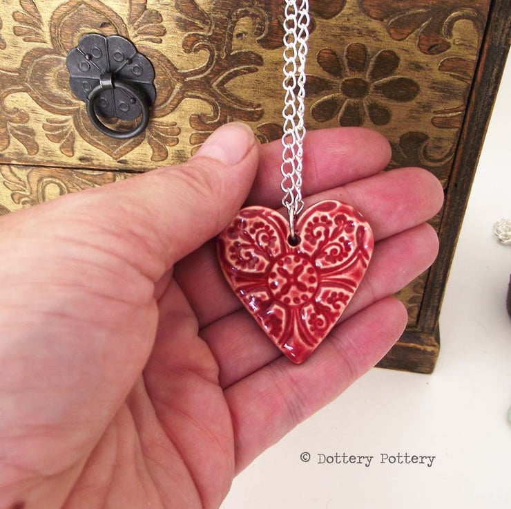 Pottery Heart pendant on 20cm chain. Red Ceram... - Folksy
